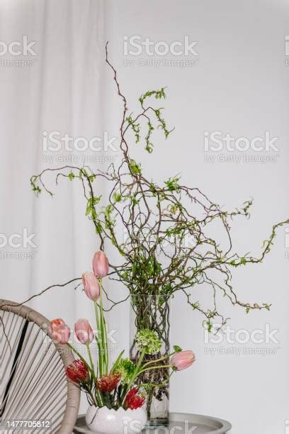 꽃 마른 식물과 테이블입니다 사진 세션을위한 가정 장식 흰색 린넨 커튼이 있는 벽 시골 장식 개념입니다 소박한 디자인 봄 가지 꽃 장식이 있는 우아한 부활절 구역 근접 촬영