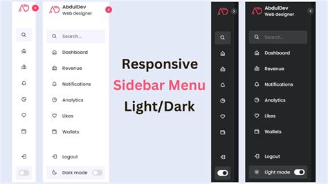 Responsive Lightdark Mode Sidebar Menu Using Html Css And Javascript Free Source Code Youtube