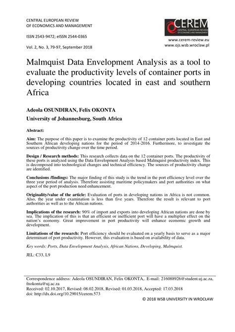 Pdf Malmquist Data Envelopment Analysis As A Tool To Evaluate The Productivity Levels Of