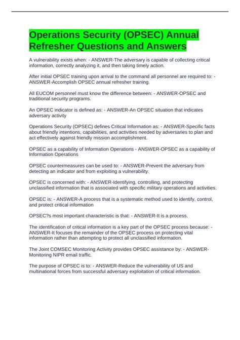 Operations Security Opsec Annual Refresher Questions And Answers