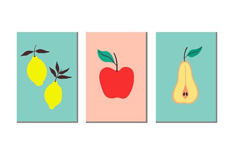 과일이 있는 벡터 포스터는 미니멀한 개념 스타일로 수확합니다 라임 배 사과 잎이 있는 현대 테두리 카드 인쇄를 위한 디자인 배경