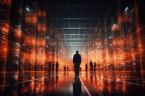 Premium AI Image Shot Of Man Walking Data Center Database Data Storage Backup Cyber Security