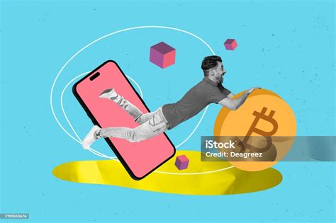 파란색 배경에 고립 된 비트 코인 토큰 Nft 거래 스마트 폰 전자 상거래를 들고 비행하는 펑키 한 남자의 크리 에이 티브 포스터 콜라주 35 39세에 대한 스톡 사진 및