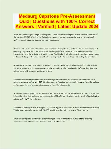 Medsurg Capstone Pre Assessment Quiz Questions With 100 Correct Answers Verified Latest