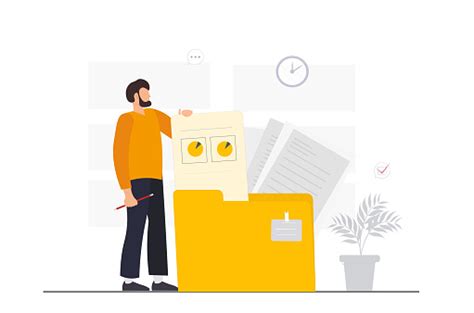 폴더에 문서를 넣는 사람 디지털 데이터 스토리지 네트워크 워크 플로우 개념 온라인 파일 교환 시스템 플랫 벡터 일러스트 레이 션 고객 관리자에 대한 스톡 벡터 아트 및 기타