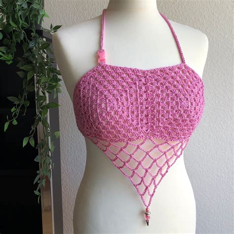 Pink Crochet Crop Top Handmade Blush Halter Top Bead Etsy
