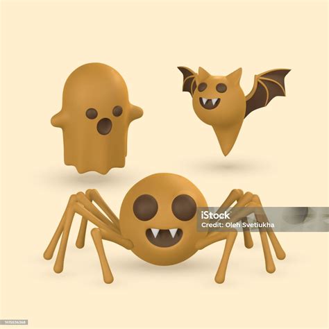 귀여운 만화 3d 할로윈 유령 박쥐와 거미 할로윈 개념 벡터 일러스트 레이 션 3차원 형태에 대한 스톡 벡터 아트 및 기타