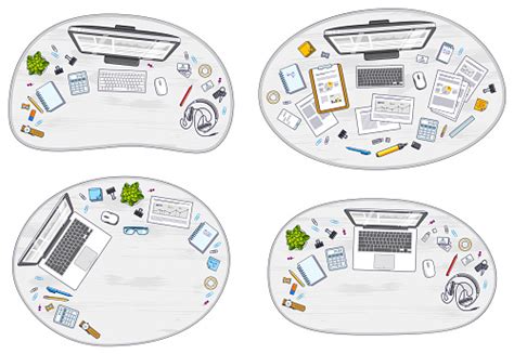 사무실 책상 작업 공간 Pc와 노트북 및 작업 오버 헤드 모양에 대 한 다양 한 문구 개체와 상단 보기 모든 요소는 개별적으로 사용하거나 그림을 재구성하기 쉽습니다 벡터