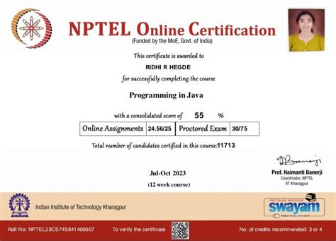completed programming in java course at nptel ridhi r hegde posted on