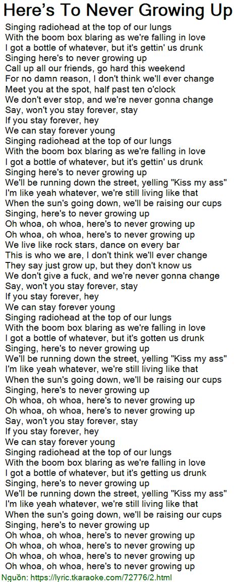 Lời Bài Hát Heres To Never Growing Up