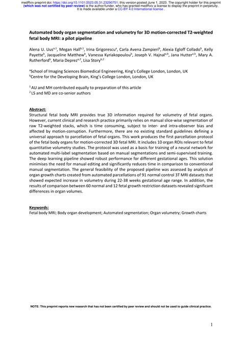Pdf Automated Body Organ Segmentation And Volumetry For 3d Motion Corrected T2 Weighted Fetal