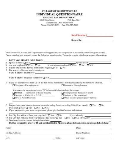 Individual Income Tax Questionnaire Village Of Garrettsville