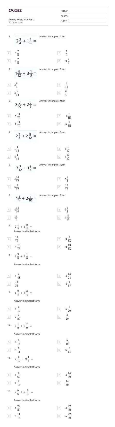 50 Adding Mixed Numbers Worksheets For 6th Grade On Quizizz Free Printable