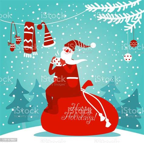재미 산타 클로스 차를 마시는 귀여운 크리스마스와 새해 벡터 일러스트 가방에 대한 스톡 벡터 아트 및 기타 이미지 가방 겨울 공원 Istock