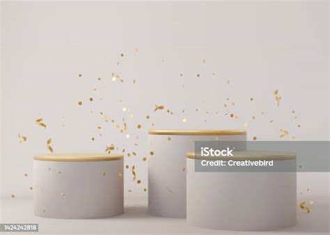 베이지 색 배경에 떨어지는 색종이가있는 연단 세트 제품 화장품 프리젠 테이션을위한 우아한 연단 럭셔리 모형 미용 제품을위한 받침대 또는 플랫폼 빈 장면 3d 렌더링 축하에