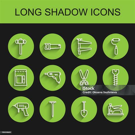 세트 라인 전기 드릴 머신 금속 손톱 썰매 망치 삽 건설 스테이플러 뜨거운 접착제 총 나사와 가위 아이콘 벡터 못에 대한 스톡