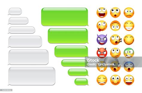 이모티콘이 있는 빈 메시지 풍선 녹색 채팅 또는 메신저 말풍선 Sms 텍스트 프레임입니다 단문 메시지 보내기 대화 화면 소셜 미디어 응용 프로그램 벡터 그림 Brand