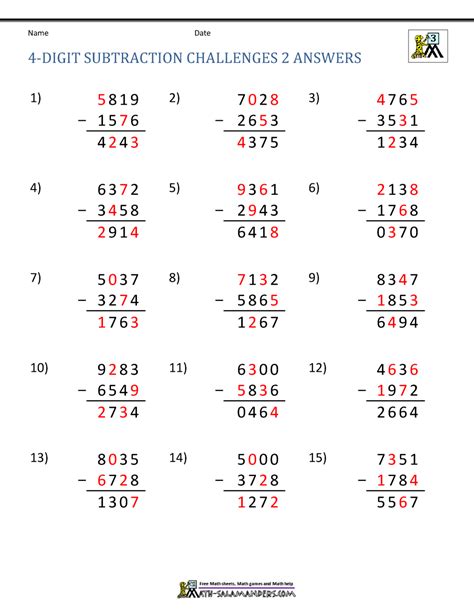 4 digit subtraction worksheets