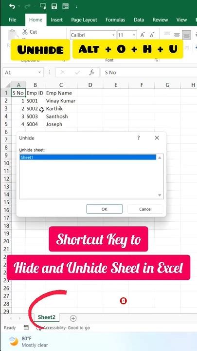 Shortcut Key To Hide And Unhide Excel Worksheet Shorts Youtube