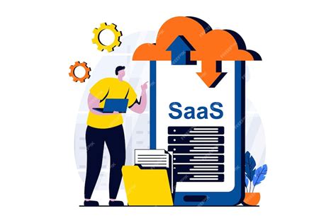 평면 만화 디자인의 사람들이 있는 Saas 개념 온라인 모바일 응용 프로그램에서 파일을 업로드 및 다운로드하는 작업을 하는 사람