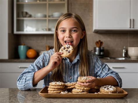 Premium Photo A Girl Is Eating A Cookie With A Cookie In Her Mouth