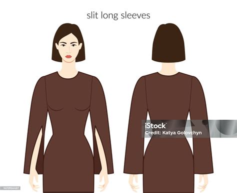 슬릿 소매 긴 길이 옷 캐릭터 브라운 탑 셔츠 드레스 테크니컬 패션 일러스트 몸에 맞는 아가씨 플랫 의류 템플릿 앞면 뒷면 여성