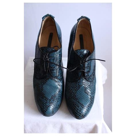 Longchamp Laced Up Boots Black Blue Python Print Leather Ref 629689