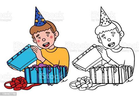 행복한 어린 소년이 선물 상자 낙서 일러스트를 엽니 다 선물 주는 컨셉 흰색으로 격리된 윤곽및 색상 도면 집합입니다 디자인 인쇄 로고 등을 위한 만화 스타일로 손으로 그린