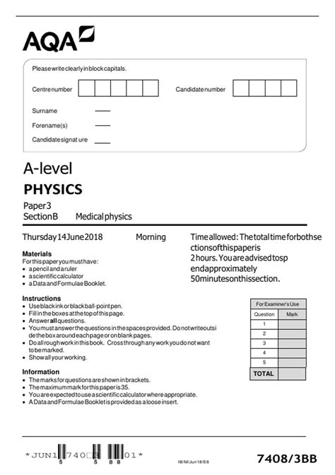 AQA A LEVEL PHYSICS Paper Section B Medical Physics JUNE Combined Question Paper And Mark