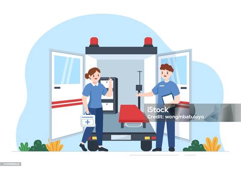 의료 차량 구급차 자동차 또는 응급 서비스 데리러 환자 평면 만화 손으로 그린 템플릿 일러스트레이션에서 사고로 부상당한 간호사에 대한 스톡 벡터 아트 및 기타 이미지