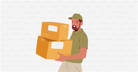 택배 남성 캐릭터는 유니폼을 입고 모자는 흰색 배경에 격리된 판지 상자를 들고 다닌다 소포를 가진 배달원은 고객 특급 배달 서비스로 서둘러 간다 만화 사람들 벡터