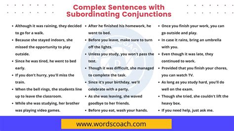 100 Complex Sentences With Subordinating Conjunctions Word Coach