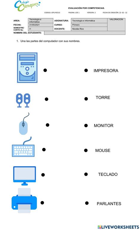 Ficha Online De Partes Del Computador Para Primero Puedes Hacer Los