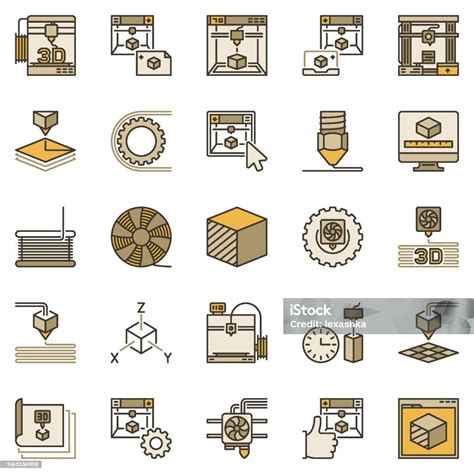 3d 프린팅 컬러 아이콘을 설정합니다 적층 제조 및 프린터 벡터 표지판 3차원 형태에 대한 스톡 벡터 아트 및 기타 이미지 3차원 형태 아이콘 판화 일러스트레이션