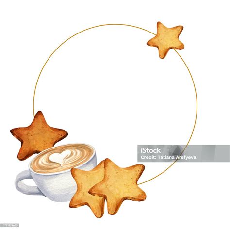 카푸치노 한 잔 쿠키 비스킷 손으로 그린 커피 그림 흰색 배경에 분리된 커피 테마 모음이 있는 수채화 라운드 프레임 0명에 대한 스톡 벡터 아트 및 기타 이미지 Istock