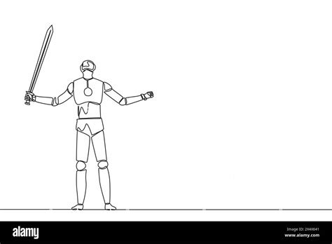 Continuous One Line Drawing Robots Standing And Lifting Up Big Sword Humanoid Robot Cybernetic