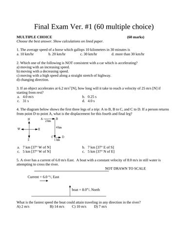 Multiple Choice Final Exam Grade 11 Physics Version 1 With Answers