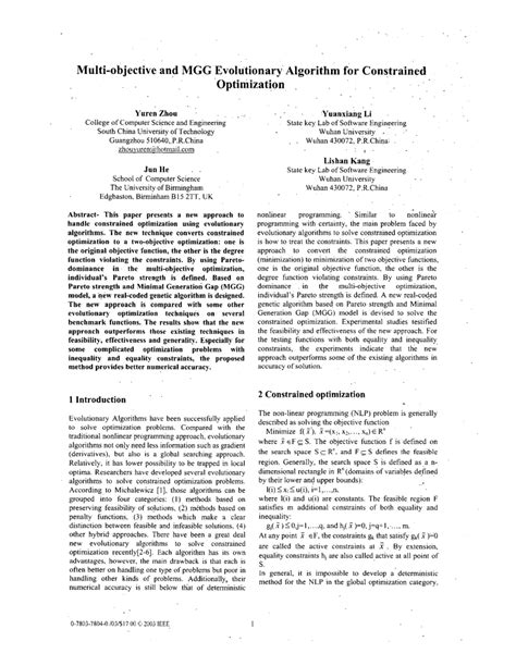 Pdf Multi Objective And Mgg Evolutionary Algorithm For Constrained Optimization
