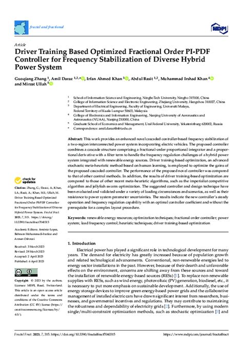 Pdf Driver Training Based Optimized Fractional Order Pi Pdf Controller For Frequency