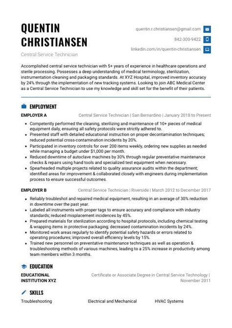 Central Service Technician Resume Cv Example And Writing Guide