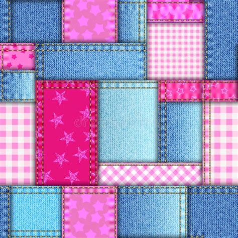 Textille Patchwork Pattern Pink And Denim In Barbie Style Seamless
