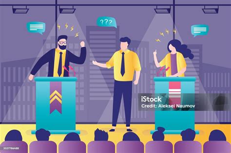 토크쇼를 보고 있는 시청자들 투표 전 정치 Tv 토론 트리뷴과 발표자 또는 앵커맨 뒤에 서있는 사람들의 만화 캐릭터가있는 스튜디오 인테리어 다운로드에 대한 스톡 벡터 아트