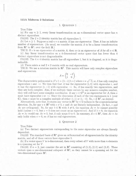Linear Algebra Midterm Exam 2 With Solutions 5 Questions Math 115a Docsity