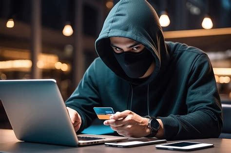 Premium AI Image Picture Of Male Hacker Stealing A Credit Card While Hacking Shopping Online