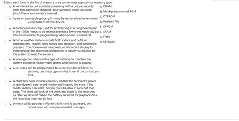 solved match each item in the list of memory uses to the