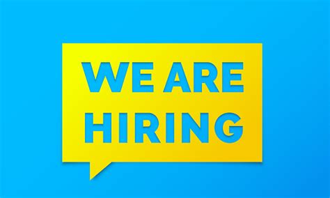 우리는 노란색 파란색 배경에 작업 직원 공석 공고 메시지 채팅 배너를 고용 합니다 우리는 포스터 디자인 서식 파일 작업 모집 기관에 대 한 고용 하는 벡터 구인 중에 대한