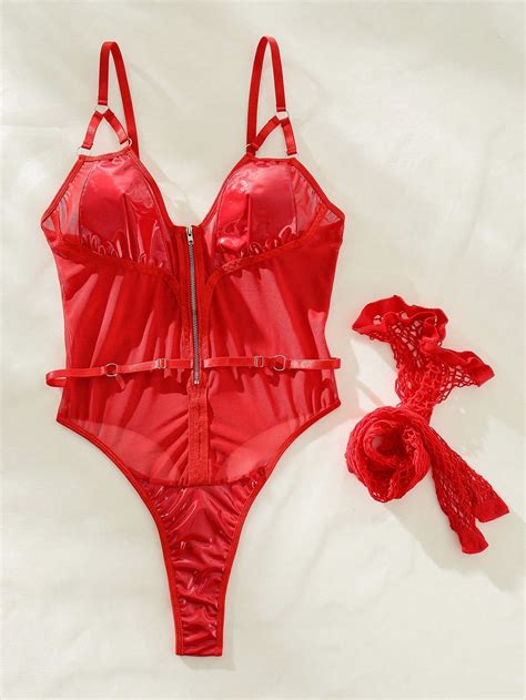 Zipper Front Teddy Bodysuit With Stockings Negative Apparel