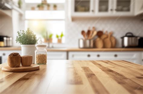 Premium Photo Wooden Table Foreground And Blurred Kitchen Background Generative Ai