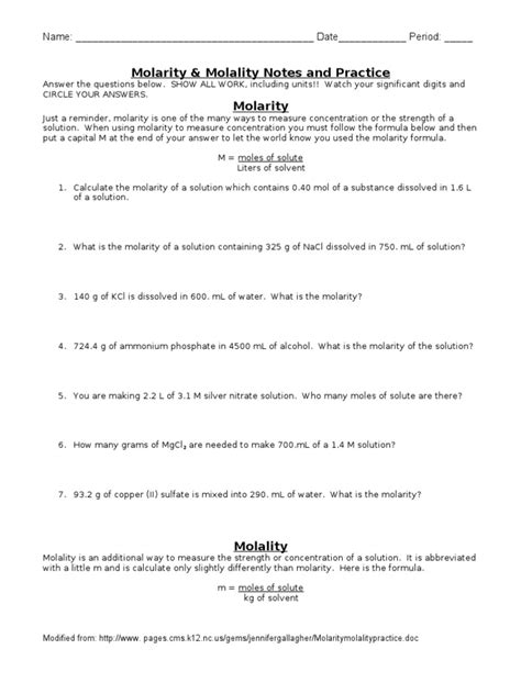 Molarity And Molality Practice Problems Pdf Molar Concentration Solution