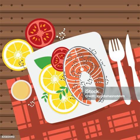 최고 테이블 벡터 일러스트 레이 션에 연어 스테이크를 볼 건강한 생활방식에 대한 스톡 벡터 아트 및 기타 이미지 건강한 생활방식 건강한 식생활 굽기 Istock